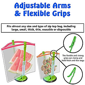 Baggy Rack (2-Pack) Ziplock Bag Holder Stand + Reusable 1 Gallon Freezer Bags (4-Pack) - Hands-Free Food Storage Bag Rack for all Size Food Prep Sandwich Bags + 4 Thick PEVA / Silicone Freezer Baggies