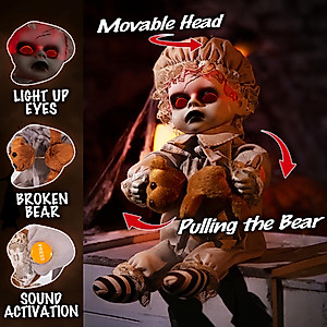 NEYEABL 10" Spirit Animatronic Ghost Boy Doll Halloween Decorations.-Sound Activated,Creepy Sound & Head & Hand Movements,Red Eyes Lit, Haunted House Holiday Props, Halloween Spooky Animations