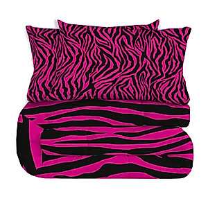 TBUEKLI Zebra Print Comforter Set Girls Women Pink Black Zebra Stripes Bedding Sets Full Animal Skin Decor Down Alternative Duvet Insert for Kids Teens Bedroom Dorm Room, Ultra Soft 3Pcs