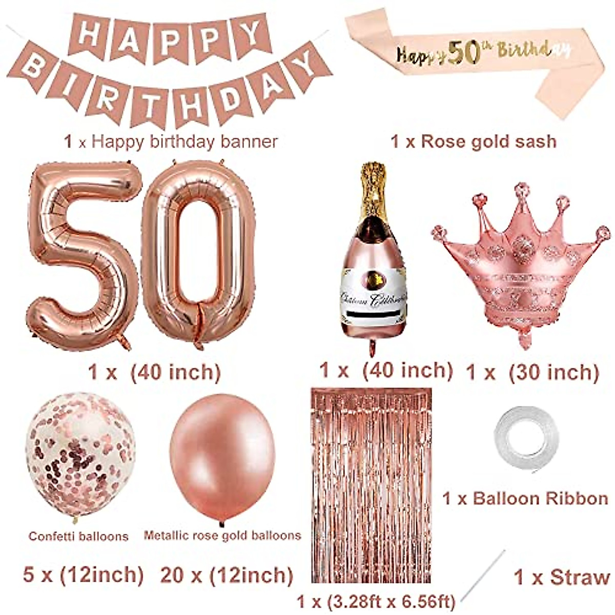50th Birthday Decorations for Women, Rose Gold 50th Birthday Party Decoration for Her, 50th Happy Birthday Banner Kits Rosegold Balloons Decoration for Girls Women 50th Birthday Party Supplies