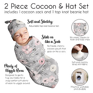 Sweet Jojo Designs Grey Watercolor Floral Baby Girl Cocoon Beanie Hat Set Jersey Stretch Knit Sleeping Bag Infant Newborn Nursery Sleep Wrap Sack - Blush Pink Gray Shabby Chic Rose Flower Farmhouse