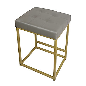 GIA 24-Inch Counter Height Square Metal Stool with Footrest and Tufted Gray Vegan Leather Upholstery, Gold Frame, Qty of 1