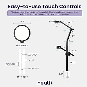 Neatfi Multi-Functional Desk Lamp, Dimmable, 3 Light Modes, 5 Brightness Levels, Zoom/Webcam Light, Touch Controls, USB/Plug Powered, Adjustable Arm (with Phone Holder and Clamp)
