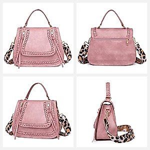 HANDAFA Convertible Satchel Handbag Woven Leopard Shoulder Hnadbag Crossbody With Gituar Strap For Women(Pink)