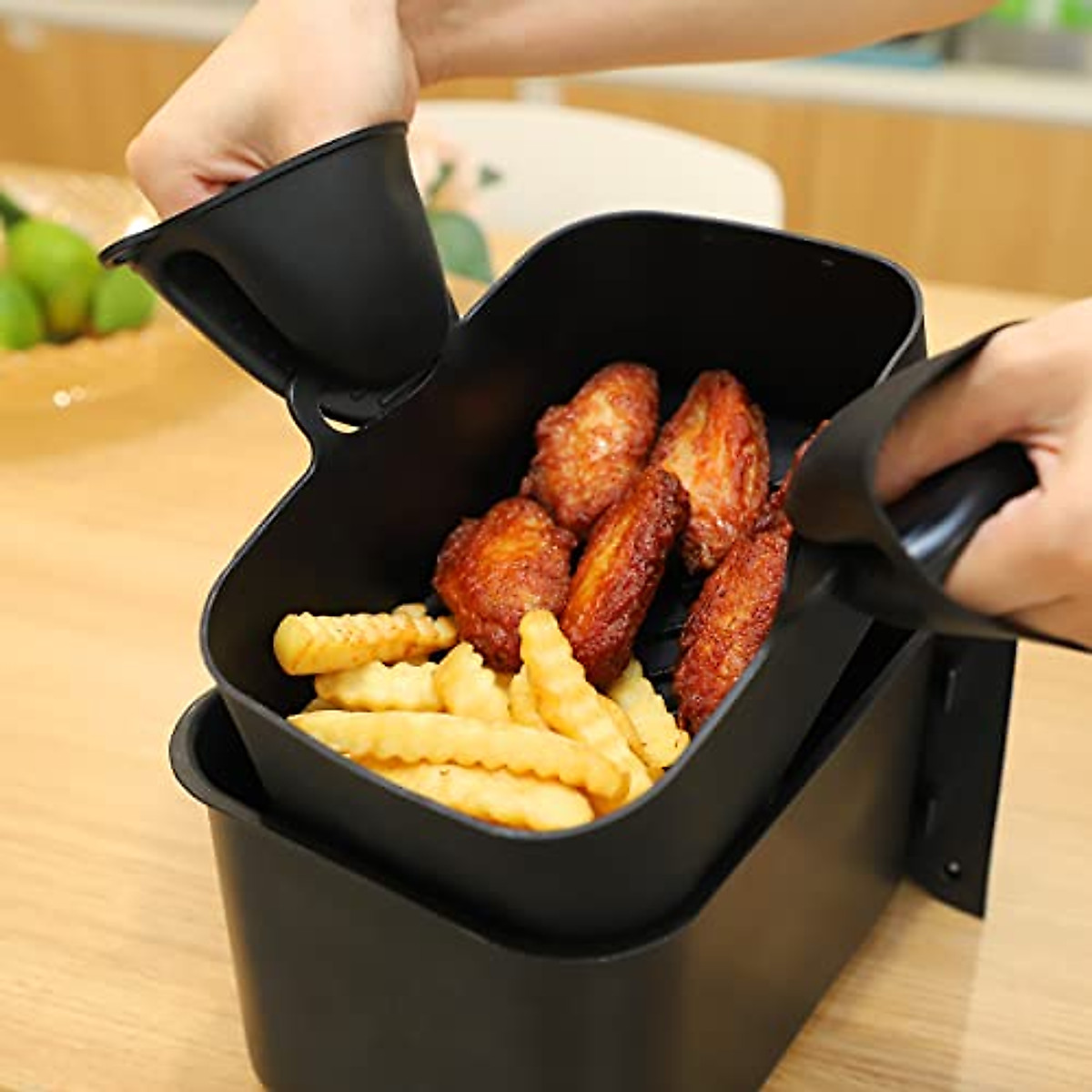 KINLYBO Air Fryer Silicone Pot for Ninja Dual DZ201/DZ401/DZ550, DualZone XL Air Fryer, Reusable Air Fryer Basket with Handles, 2pcs Air Fryer Silicone Liner, Magentic Cooking Time Chart Black