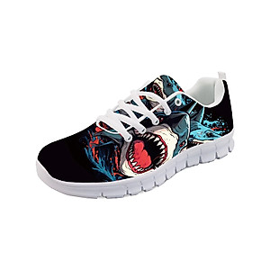 Forchrinse Shark Print Women’s Men’s Running Shoes Cool Animal Print Walking Tennis Shoes Soft Lace up Sport Sneakers Breathable