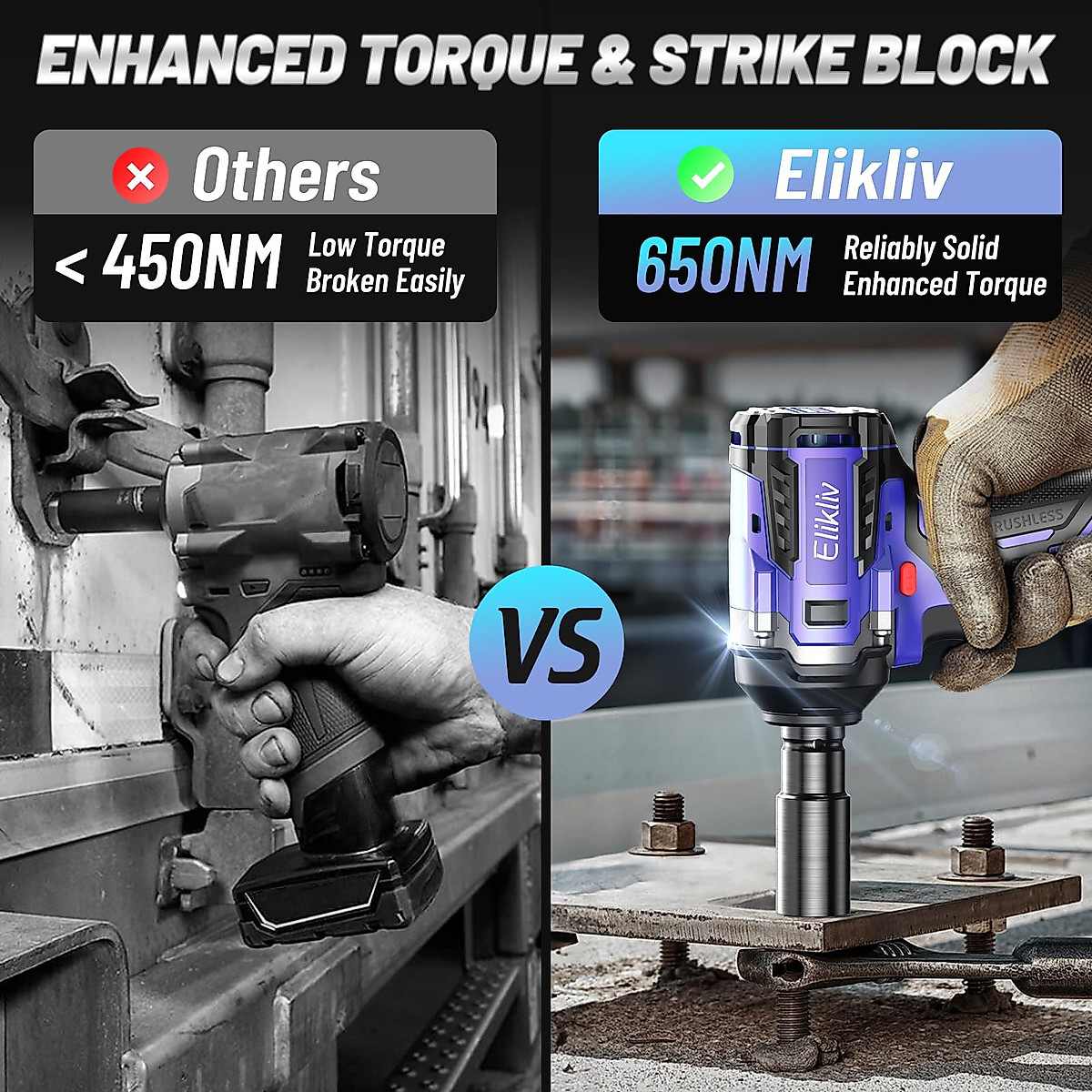 Elikliv Cordless Impact Wrench 1/2 inch, 500Ft-lbs Max Torque(650N.m), 21V 3000 RPM Power Impact Gun with 4 Sockets, 4000mAh Battery with Fast Charger, Electric Impact Driver for Car Truck Tires Home