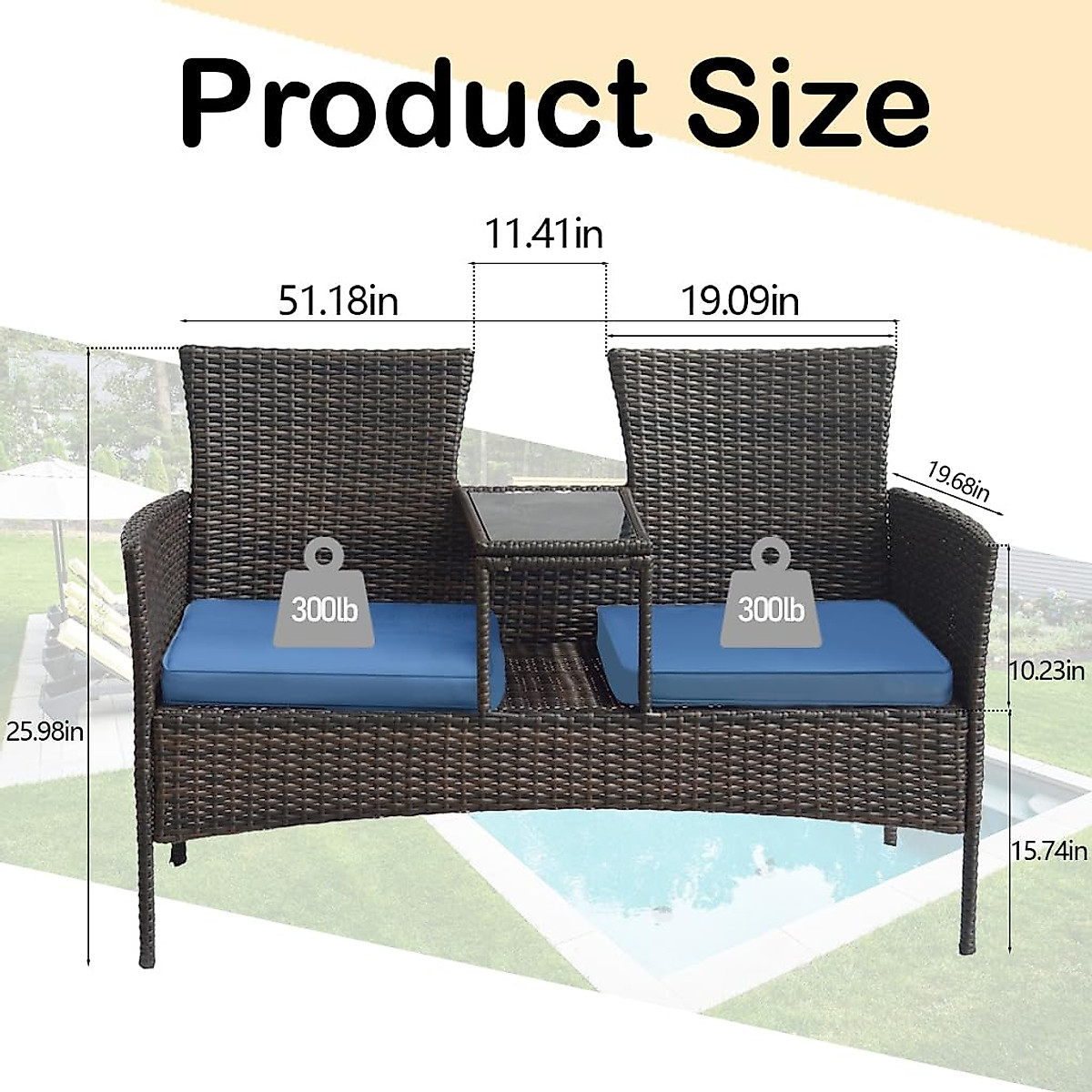 Outdoor Patio Rattan Loveseat with Cushions and Integrated Coffee Table - Weather Resistant 2 Seat Perfect for Garden, Lawn, and Backyard Leisure (Brown Rattan,Dark Blue Cushion)