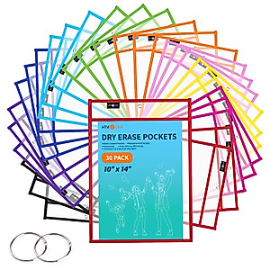 HTVRONT Dry Erase Pockets Sleeves- 30 Pack 10x14 Reusable Pocket Protector Sleeves with Rings, Clear Plastic Sleeves Sheet Protectors for Teachers, Classrooms, Schools Supplies, Shop Ticket Holders