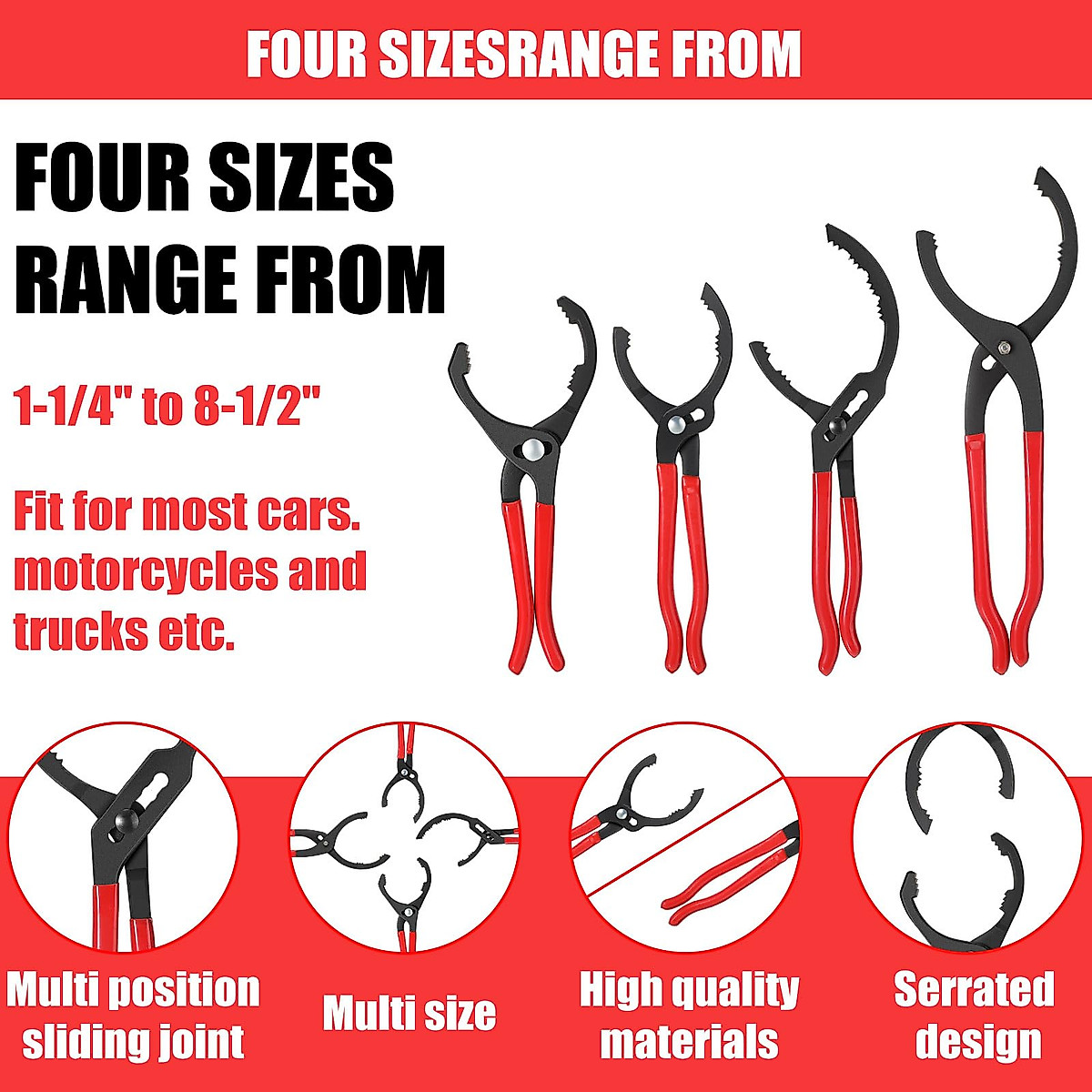 Lothee 4 Pieces Oil Filter Wrench Set, 10'' 12'' 14'' 16'' Oil Filter Pliers Adjustable Removal Tool Pliers for Cars, Trucks, Motorcycles Engine, Conduit, Fittings