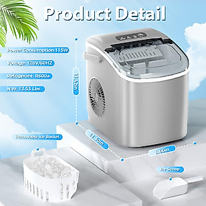 Antarctic Star Countertop Ice Maker，Portable Ice Makers with Self-Cleaning, Bullet Ice Machine, 26Lbs/24H, 9 Ice Cubes Ready in 6 Mins for Kitchen Bar Party RV, Grey