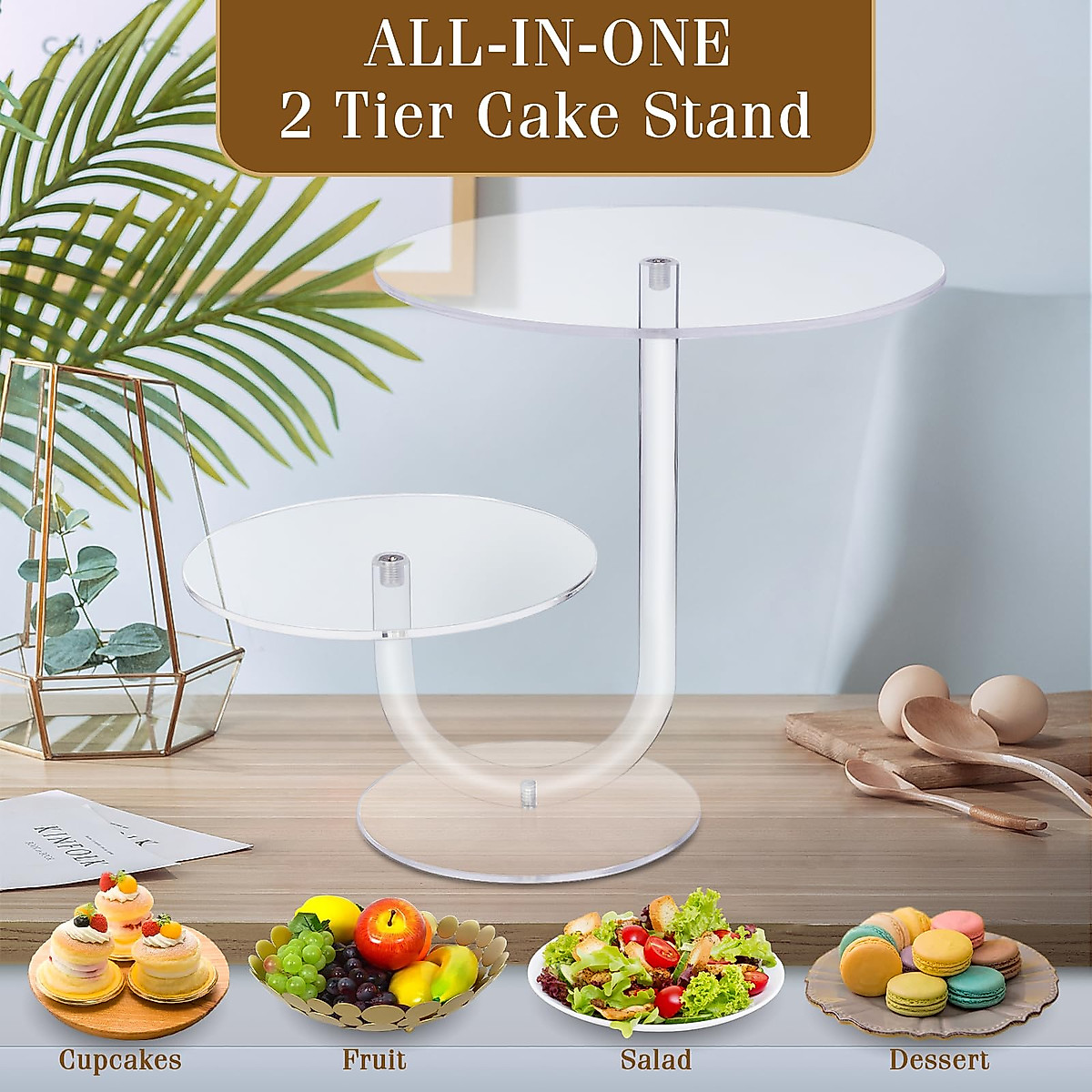 Cake Stand 2 Tier - Stylish Clear Cake Tree Acrylic Cupcake Tower for Weddings, Birthdays, Anniversaries, Baby Showers, Parties Décor - 2 Cake Trays with 10 and 8 inch diameters