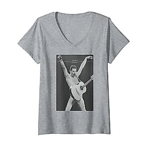 Womens Freddie Mercury Official Live Arms Guitar V-Neck T-Shirt
