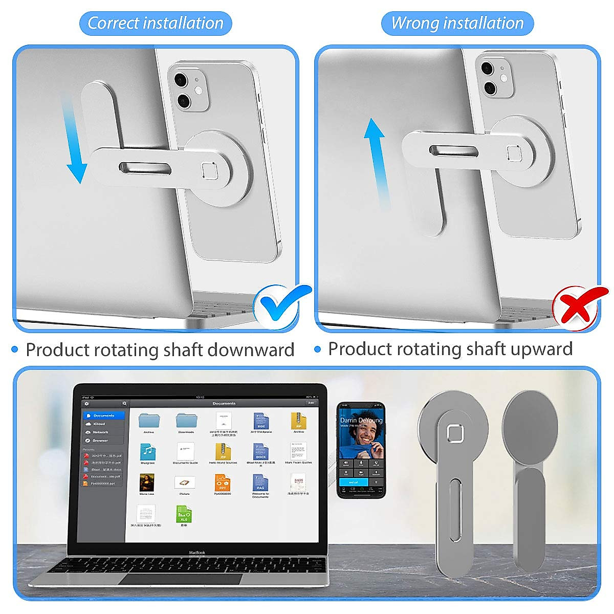 CloudValley Magnetic Phone Holder for Laptop Designed for iPhone 15/14/ 13/12 MagSafe, Adjustable Phone Monitor Side Mount, Slim Portable Foldable Computer Expansion Bracket, Silver