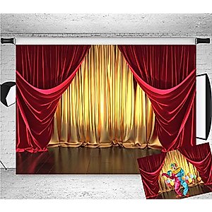 Qian 7x5FT Vinyl 3D Rendering Theater Stage Theme Photography Backdrops Golden and Red Curtains Photo Studio Props Vinyl Background for Wedding Birthday Party Decoration Banner