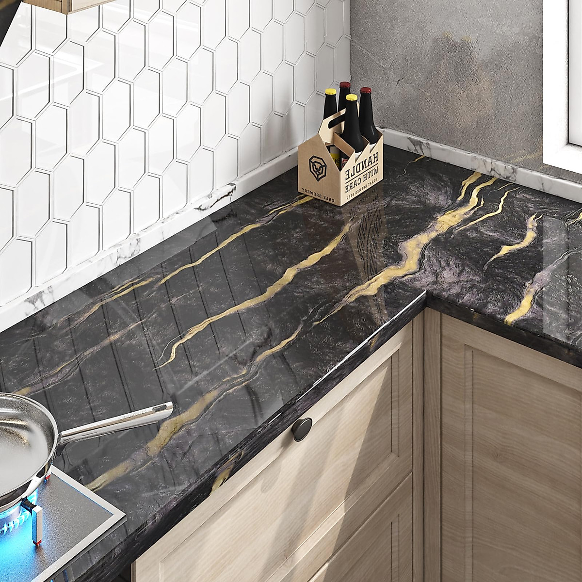 FunStick 24"x200" Black and Gold Liquid Marble Countertop Contact Paper Waterproof Marble Wallpaper Peel and Stick Countertops for Kitchen Wallpaper Self Adhesive Marble Wall Paper for Cabinets Desk