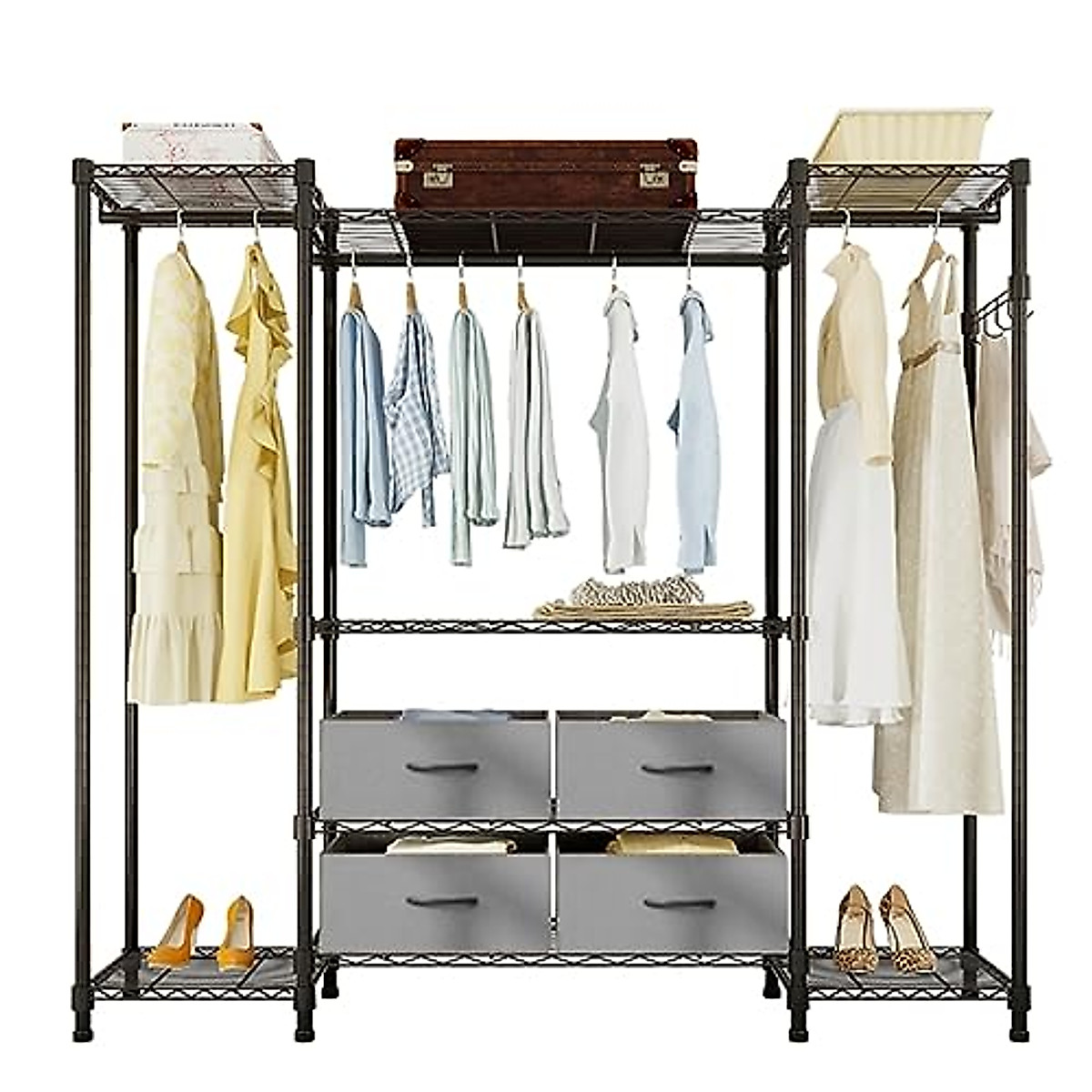 Wekity Wire Garment Rack Heavy Duty Clothes Rack，Closet Organizer Metal Garment Rack Portable Clothes Hanger Home Shelf Fabric Drawers，Freestanding Closet Wardrobe (Black)
