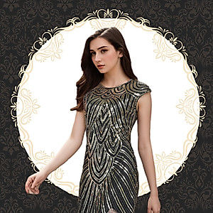 PLULON 1920s Sequin Beaded Fringed Flapper Dress Great Gatsby Dresses for Women with roaring 20s Costumes Accessories Set (Gold and Black,XLarge)