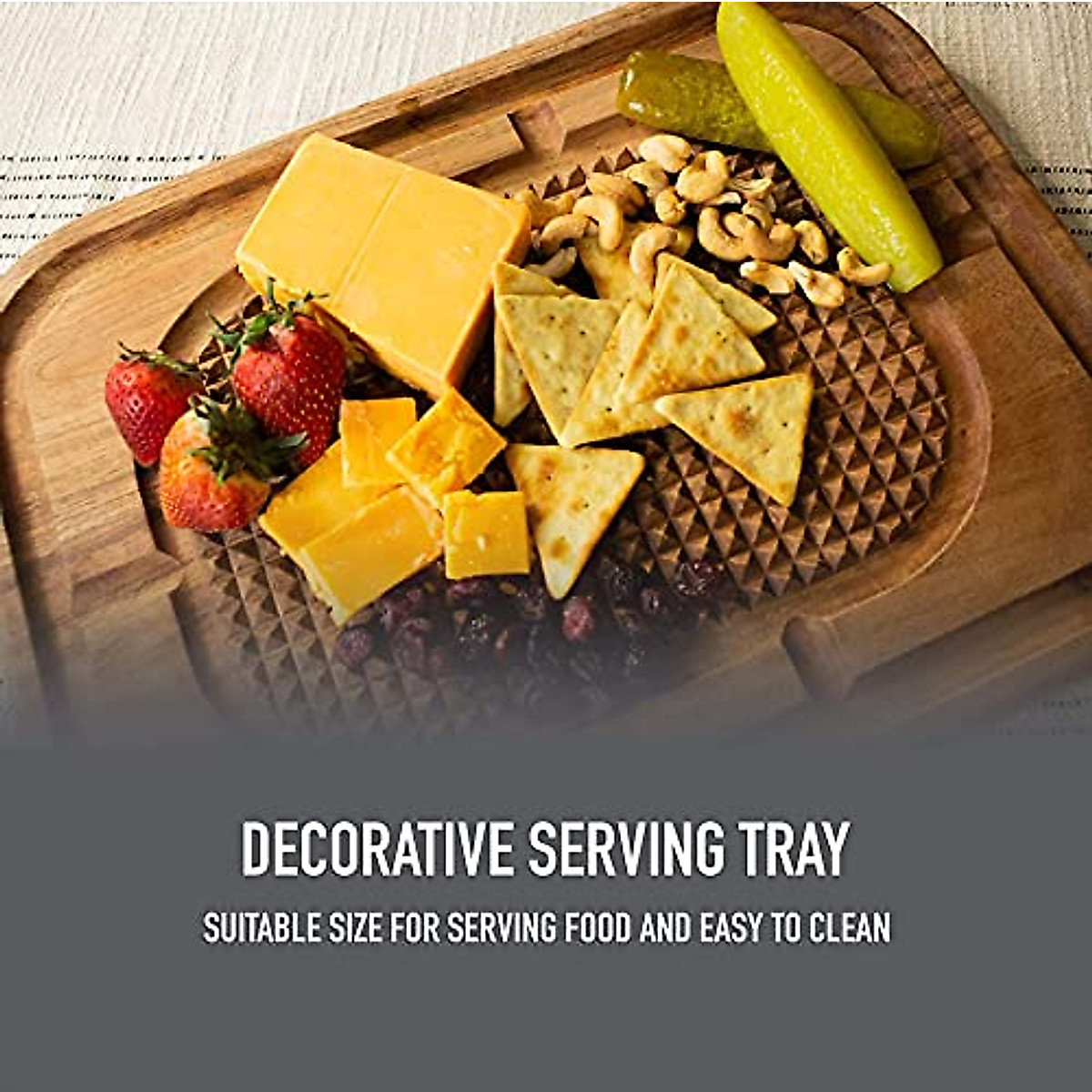 Large Acacia Wood Cutting Board for Kitchen, carved design Board - Juice Groove, Reversible Butcher Block - Meat and Veggies, decorative serving tray (Carving Cutting Board)