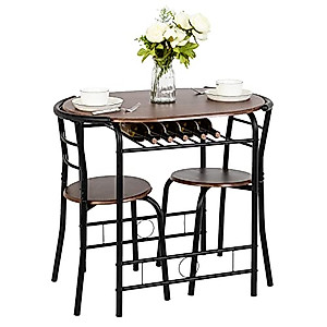 VINGLI 3 Piece Dining Set,Small Kitchen Table Set for 2,Breakfast Table Set for 2,Kitchen Wooden Table and 2 Chairs for Small Space/Dining Room/Apartment,Metal Frame,Wine Rack,Black&Walnut