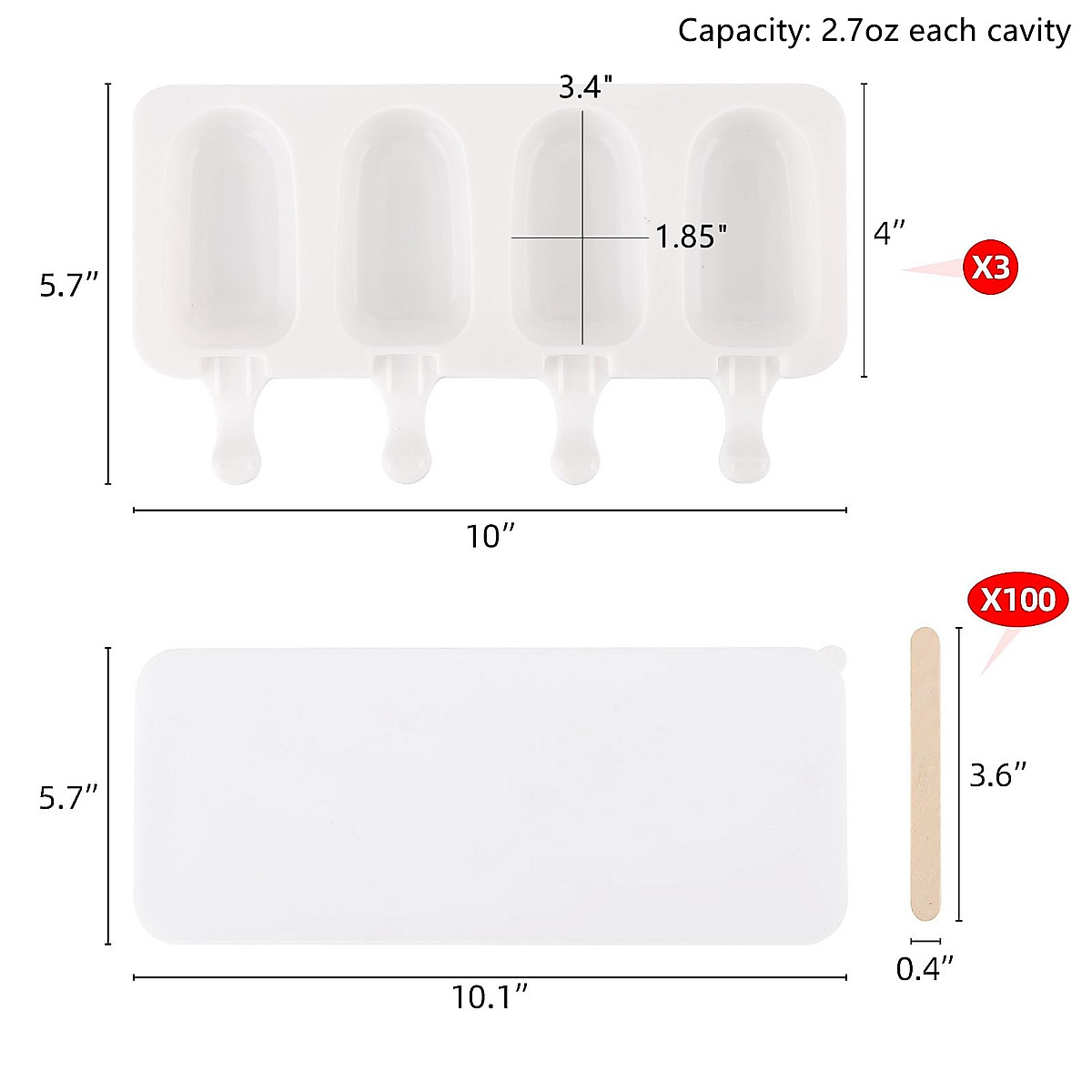 3 Set Popsicles Molds with Lids and 100 Pcs Wooden Popsicles Sticks, Standard Size 4 Cavities Silicone Ice Pop Molds for Making Cakesicles, Cake Pops, Ice Cream - BPA Free
