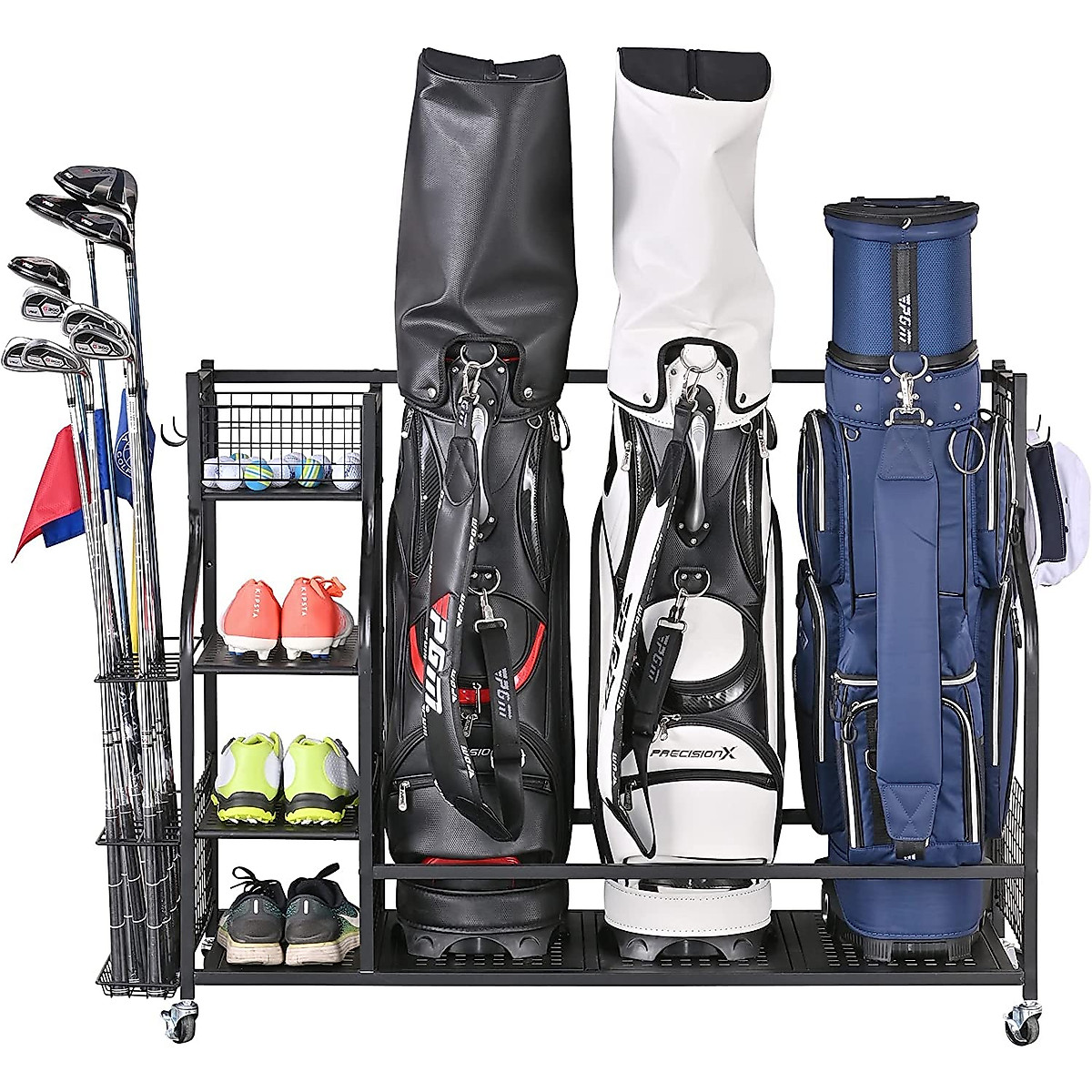 Mythinglogic 3 Golf Bags Storage Organizer-Extra Large Size Fits 3 Full Size Golf Bags,Golf Organizer for Golf Equipment and Accessories, Golf Club Storage Rack with Lockable Wheels