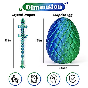 TBOLINE 3D Printed Dragon Easter Egg - Perfect Basket Essentials Stuffers, Prefilled Easter Egg Filled with Toy, Articulated Crystal Dragon Fidget Toy for Kid Boy (Laser Green-12inch)