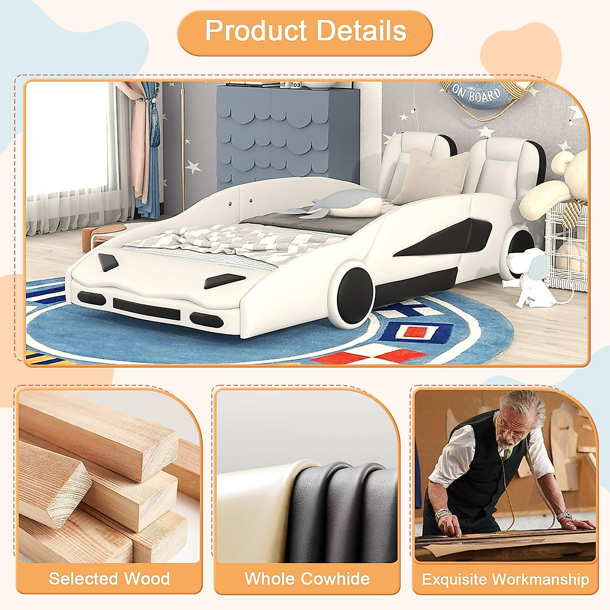 ROCKINGRUN Twin Size Bed Frame for Kids, Race Car-Shaped Wooden Platform Bed with Guardrail and Upholstered Headboard, Wheels and Support Slats, for Boys Girls Child's Bedroom, No Spring Need (White)