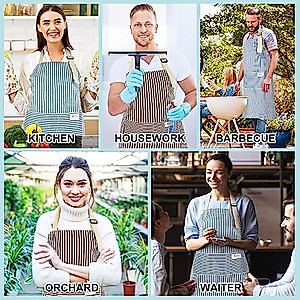 Janmercy 24 Pcs Aprons for Women Men with 2 Pockets Linen Cooking Kitchen Apron Adjustable Bib Chef Apron Bulk Aprons Unisex (Brown/Blue Stripes)
