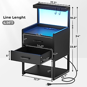 AOGLLATI Nightstand with LED Lights and Charging Station, 2 Drawers Bedroom Night Stand, 2 USB Ports, 2 Outlets, Bed Side Table with Storage Shelves, Black