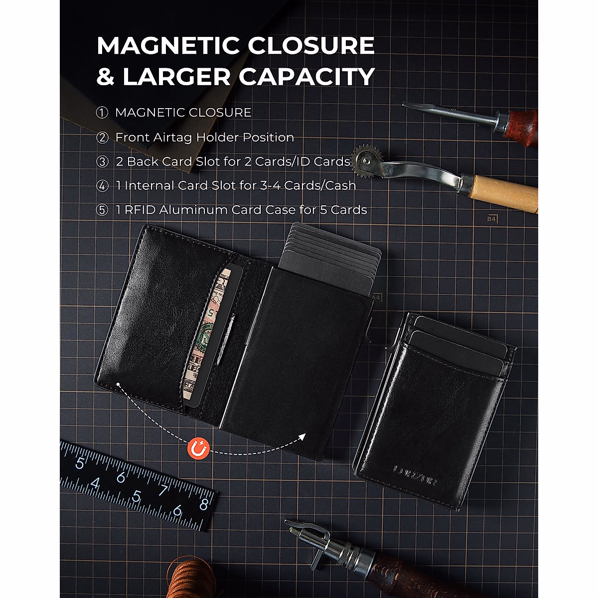 LORZOR Slim Airtag Wallet for Men, Bifold Leather Mens Wallets with Magnetic Closure, Smart Wallet RFID Blocking Pop Up Card Holder,Minimalist Wallet with Gift Box（No Airtag Included）