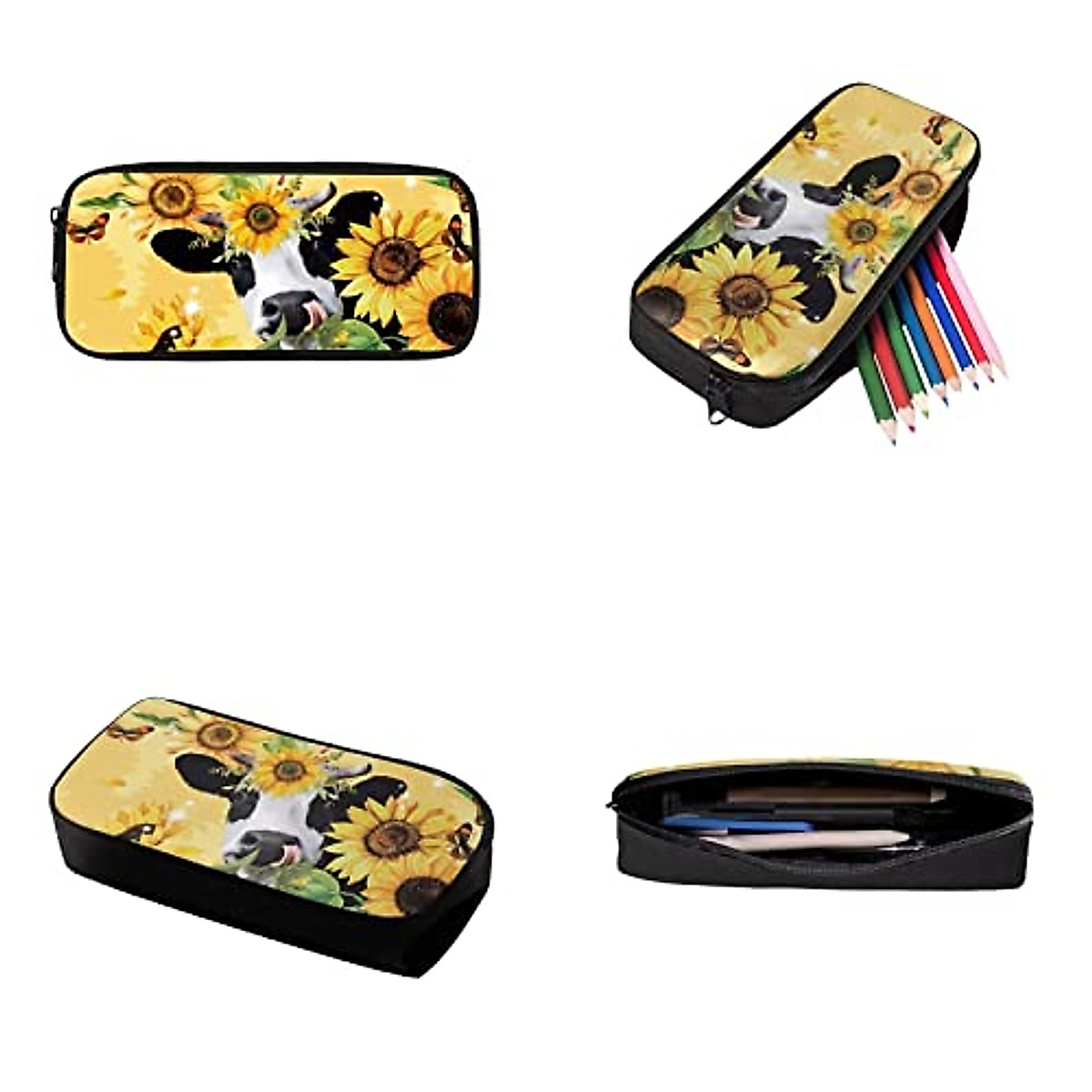 Lotusorchid Cow Sunflower Kids School Bookbag Set 3, Light Durable Kids School Backpack for Elementary Junior School, Boys Girls Insulated Lunch Box Bag with Cute Kawaii Pencil Case, Yellow