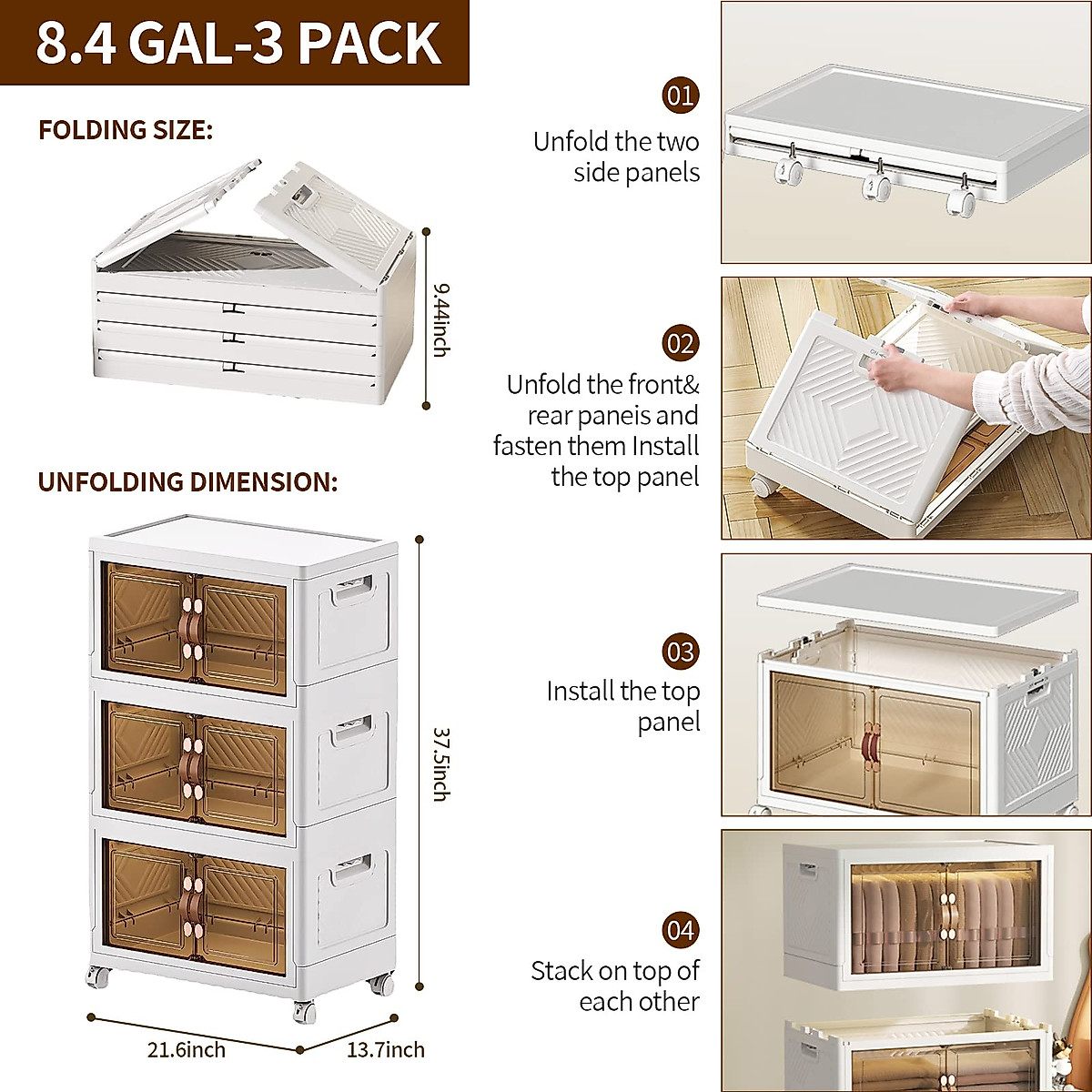 HPONQIONE Foldable Plastic Storage Box With Wheels and Doors XLLarge Storage Bin with Lid Organizers Stackable Storage Bins, Closet Organizers Double Door Magnetic with Universal Pulley(8.4Gal-3Pack)