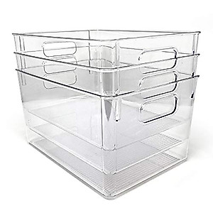 Isaac Jacobs 3-Pack Large Clear Storage Bins with Handles, Plastic Organizer for Home, Room, Office, Fridge, Kitchen/Pantry Non-Slip Container Set, Food Safe, BPA Free (3-Pack, Large)