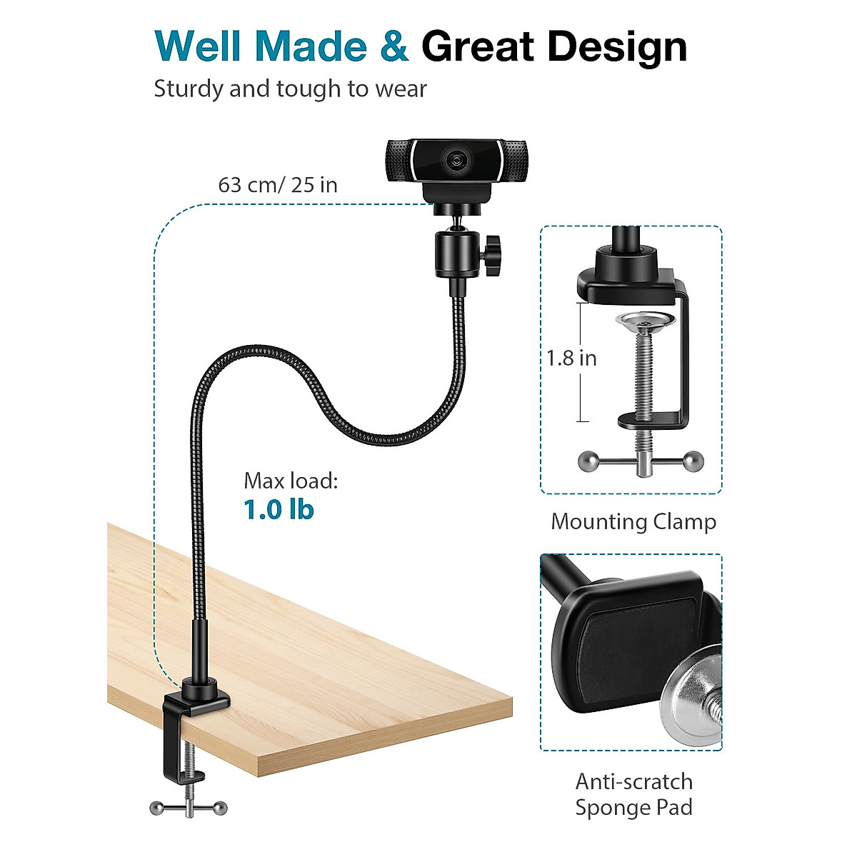 InnoGear 25 Inch Webcam Stand, Flexible Cell Phone Stand Desk Mount Camera Stand Gooseneck for Logitech Webcam BRIO 4K C960 C920 C920S C922 C922x C925e C930 C930e C615 NexiGo N60