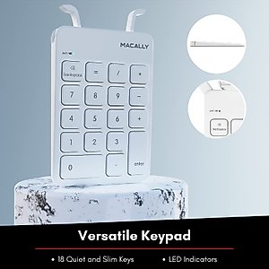 Macally Bluetooth Number Pad for Laptop, Apple, Mac, iMac, MacBook Pro/Air, Ipad, Windows PC, Tablet, or Desktop Computer - Rechargeable 18 Key Wireless Numeric Keypad - White Bluetooth 10 Key Numpad