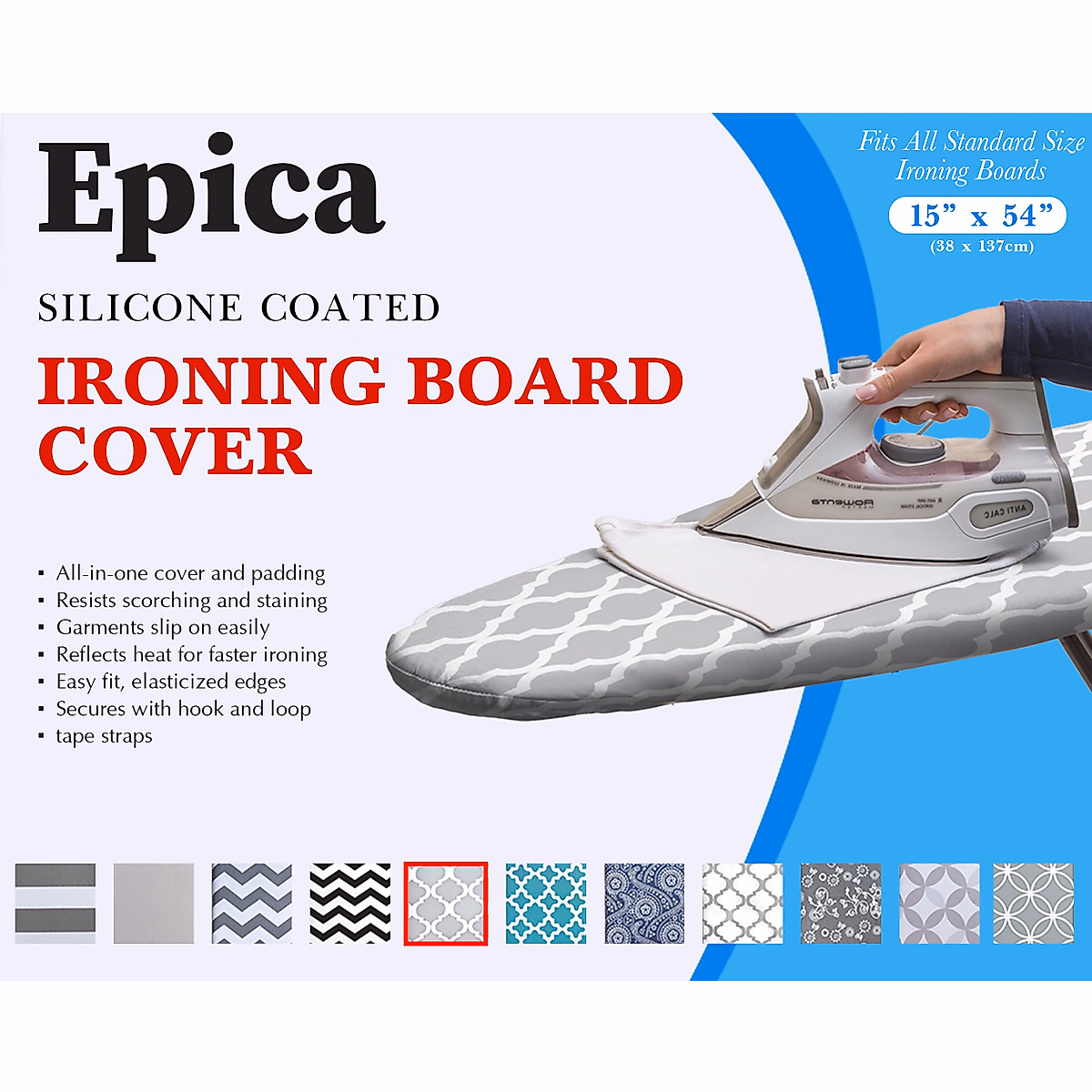 Epica Ironing Board Cover and Pad - Standard Size 15x54 Padded Ironing Board Covers, Heat Reflective Coating, Scorch & Stain Resistant Iron Board Cover with Padding Grey & White Lattice
