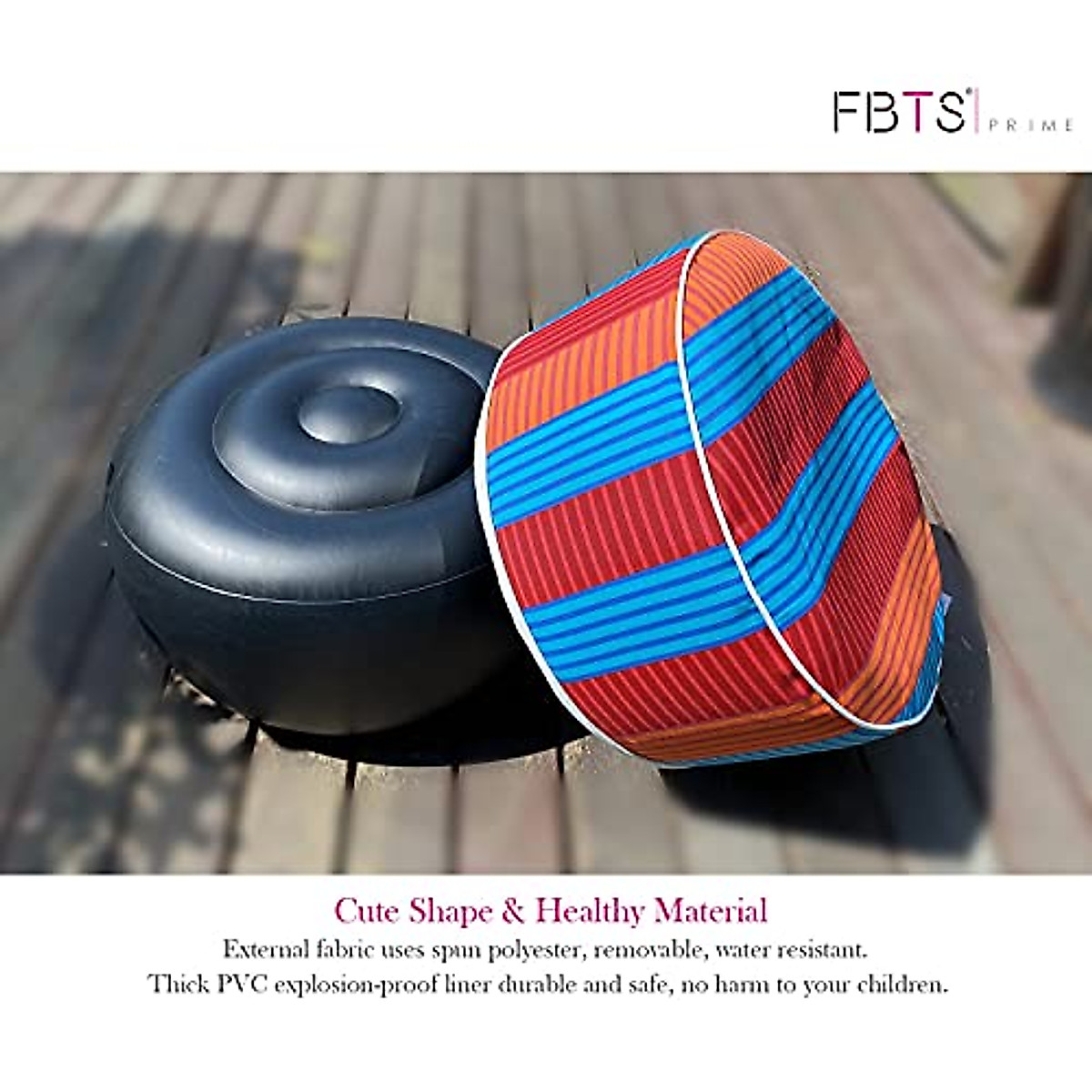 Outdoor Inflatable Ottoman Red Round 21x9 Inch Stripe Pattern Patio Foot Stools and Ottomans Portable Footrest