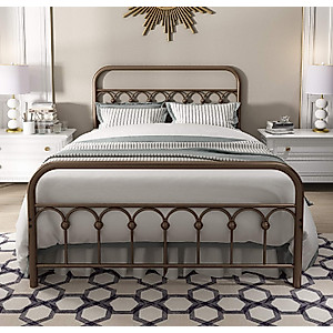 YALAXON Vintage Sturdy Full Size Metal Bed Frame with Headboard and Footboard Basic Bed Frame No Box Spring Needed，Antique Brown