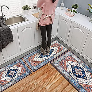 Pauwer Boho Kitchen Rugs Sets of 3 Farmhouse Kitchen Runner Rugs and Mats Non Skid Washable Kitchen Mats for Floor Cushioned Waterproof Kitchen Floor Mat Laundry Room Area Rug Runner Carpet