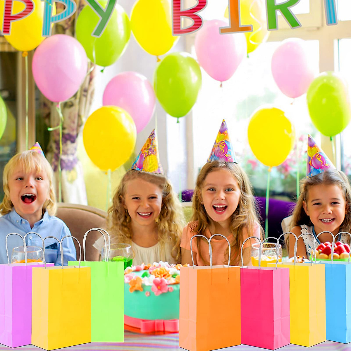 24 Pieces Kraft Paper Party Favor Bags With Handles, 8 Colors Small Gift Bags Bulk, Rainbow Goodie Bags For Kids Birthday, Party Supplies, Wedding, Baby Shower, Crafts, Christmas Gifts, 8.3X5.9X3.2 Inch