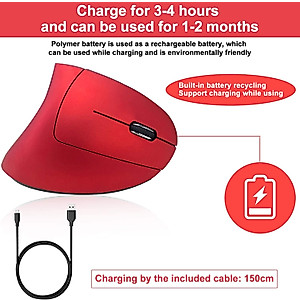Vassink Ergonomic Rechargeable Wireless Mouse, 2.4Hz Rechargeable Wireless Vertical Optical Mice with USB Receiver, 6 Buttons, 800/1200/1600 DPI RED