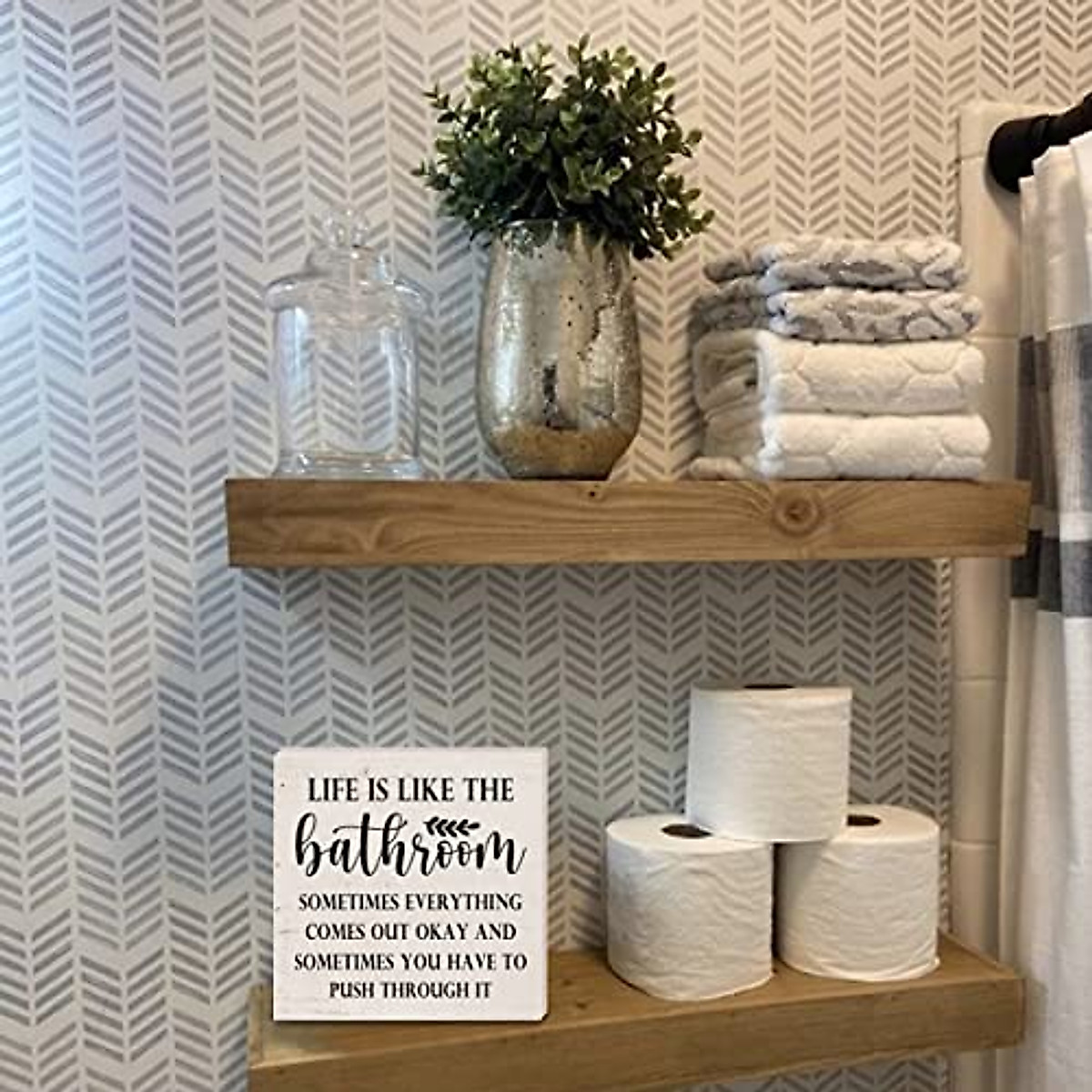 Ywkuiev Life is Like the Bathroom White Wooden Box Plaque, Hope Everything Comes Out Okay Rustic Sign for Family Home Bathroom Office Desk Decor (6 X 6 Inch)