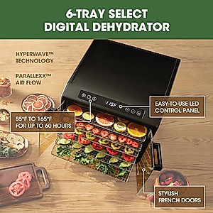 Excalibur Electric Food Dehydrator Select Series 6-Tray with Adjustable Temperature Control Includes Chrome Plated Drying Trays Stainless Steel Construction and Glass French Doors, 700-Watts, Black