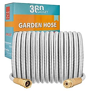 360Gadget Garden Hose Metal - 100ft Heavy Duty Stainless Steel Water Hose with 8 Function Sprayer & Metal Fittings, Flexible, Lightweight, No Kink, Puncture Proof Hose for Yard, Outdoors, Rv