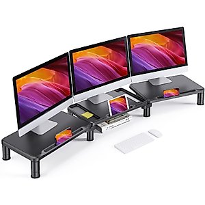 AMERIERGO Triple Monitor Stand, Dual Monitor Stand with Angle Adjustable, Dual Monitor Riser with 3 Slots for Tablet & Cellphone, Desktop Computer Stand for Monitor/Laptop/Printers/PC