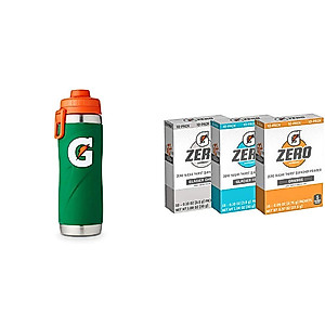 Gatorade 26oz Stainless Steel Bottle, One Size, Green & Gatorade Zero Powder, 3 Flavor Variety Pack, 50 Count