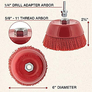 Dura-Gold 6" Abrasive Filament Nylon Bristle Cup Brush - Coarse Sanding Scuffing Brush, 5/8" 11 Thread, 1/4" Drill Arbor - Remove Rust, Corrosion, Paint - Surface Prepping for Truck Bed Liner Coatings