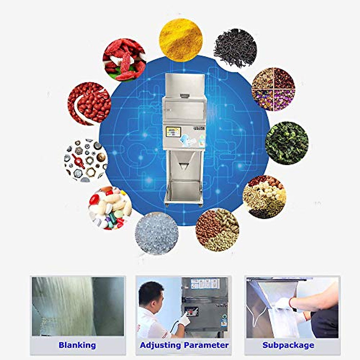 INTBUYING Weight Filling Machine Powder Filling Machine Filler Power/Granule Filling Package Machine 6-25 bags/min for Seeds Peanuts Cashews Soya Powder 110V (10-1500g)