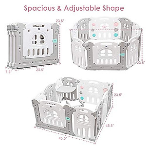 Costzon Baby Playpen 10-Panel Foldable Kids Play Yard, Indoor Outdoor Portable Baby Fence w/Additional Table Panels, Seat Stool, Lockable Gate & Educational Toys, Adjustable Shape (10-Panel)